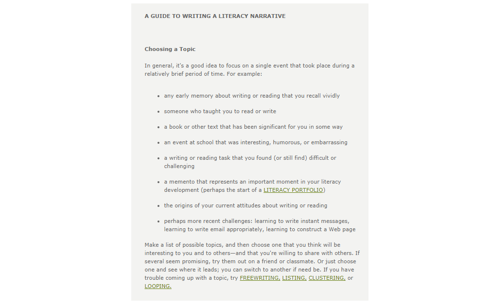 The Writing Resources Corner Literacy Narratives